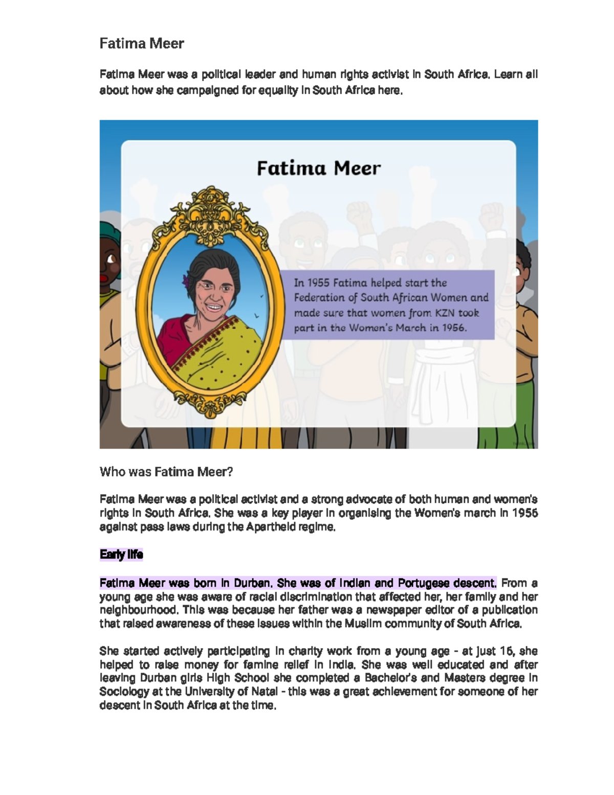 Fatima Meer: Political Activist & Human Rights Leader in SA - Studocu