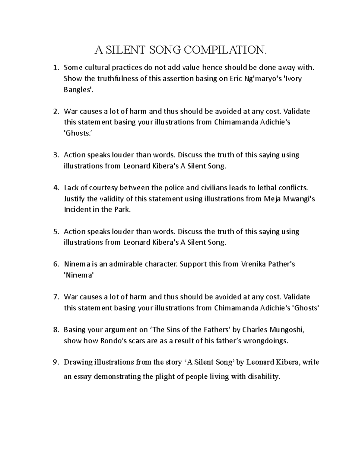 A SILENT SONG Essay Compilation: Themes & Illustrations - Studocu