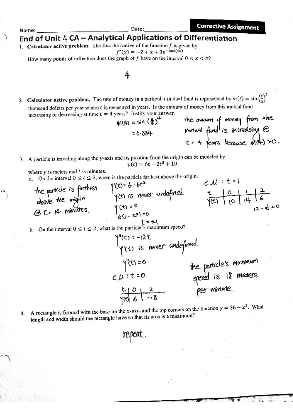 Unit 4 CA Analytical Applications of Differentiation Review Solutions ...