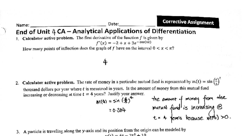 Unit 4 CA Analytical Applications of Differentiation Review Solutions ...