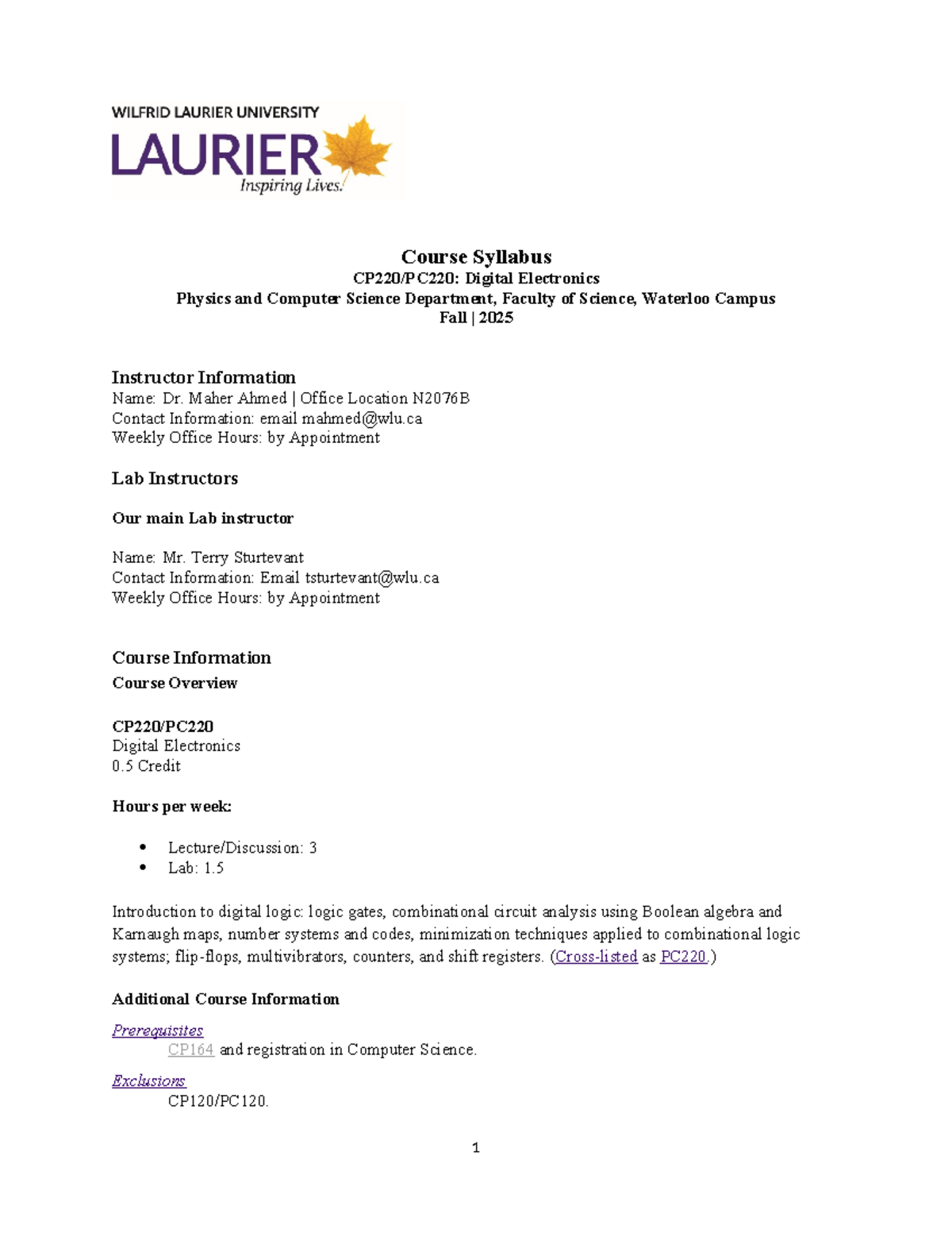 CP220 Digital Electronics Course Syllabus - Fall 2025 - Studocu