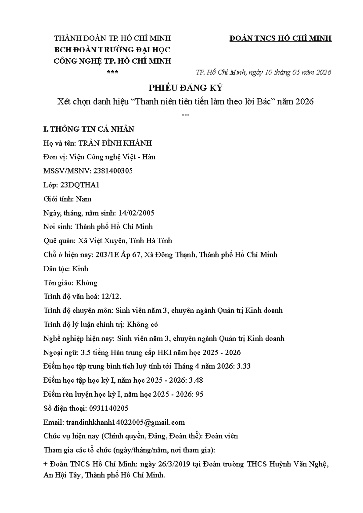 Phiếu Đăng Ký Xét Chọn Danh Hiệu TNTT LTLB 2026 - Studocu