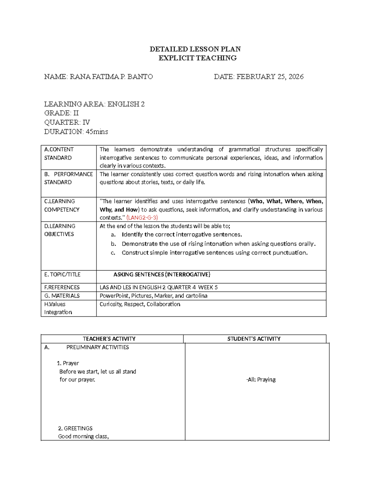 Detailed Lesson Plan: Interrogative Sentences for English 2 (Grade II ...