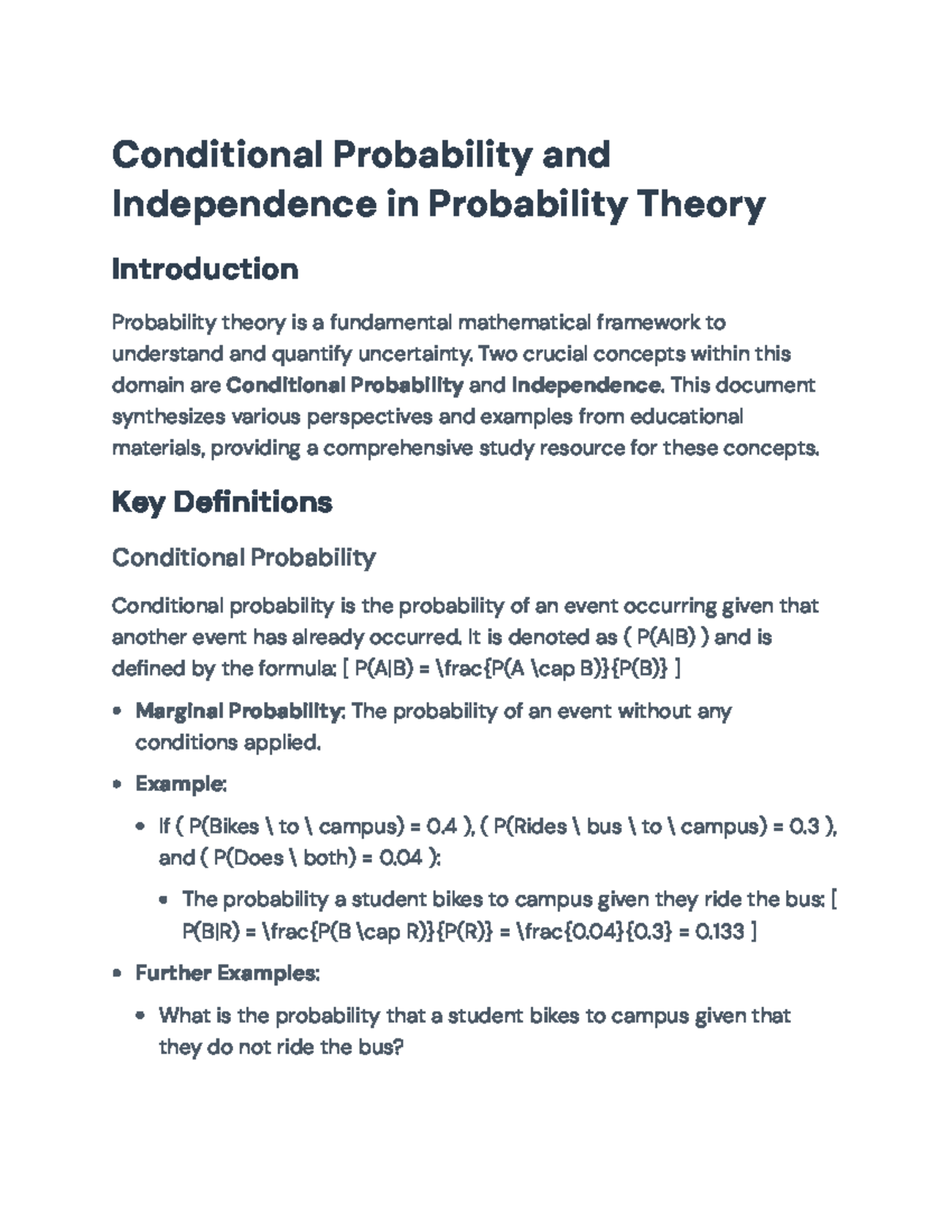 Conditional Probability and Independence: A Comprehensive Study ...