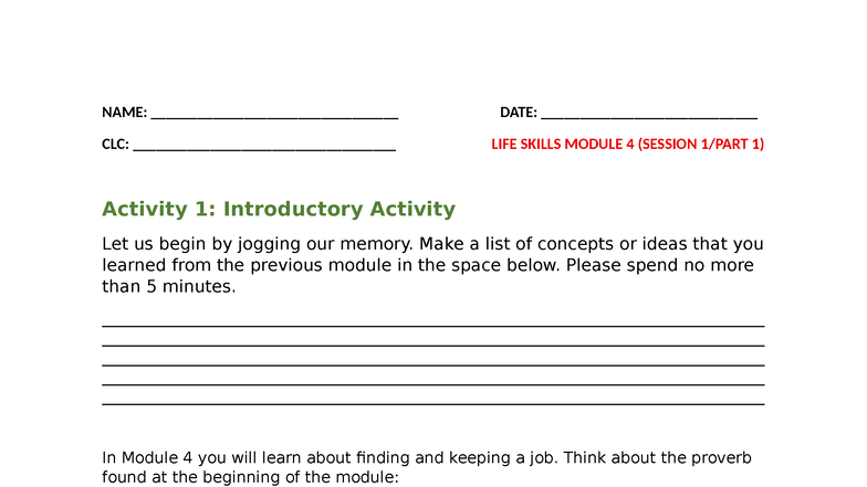 CLC: Life Skills Module 4 - Session 1 Worksheet & Reflection - Studocu