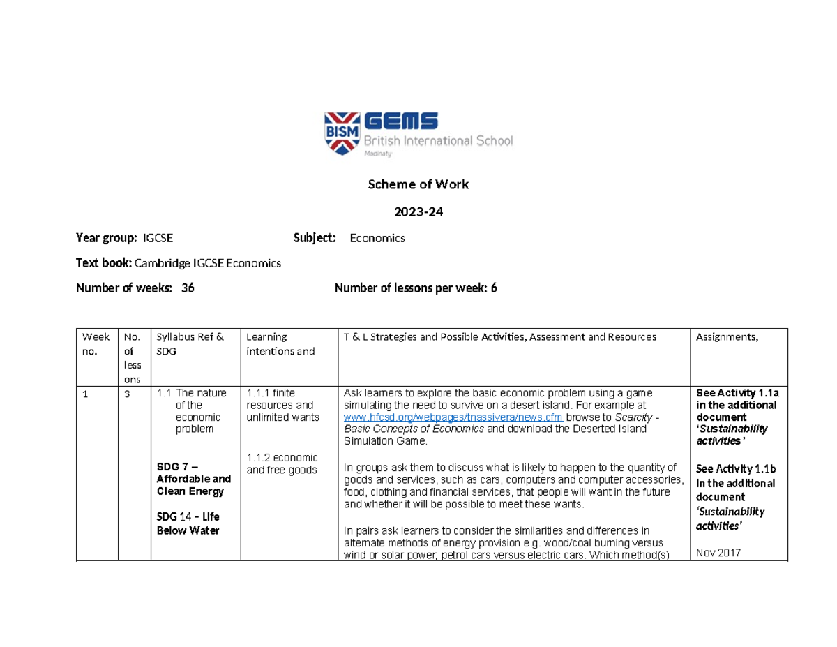 IGCSE Economics Scheme of Work 2023-24 (Year Plan & Activities) - Studocu