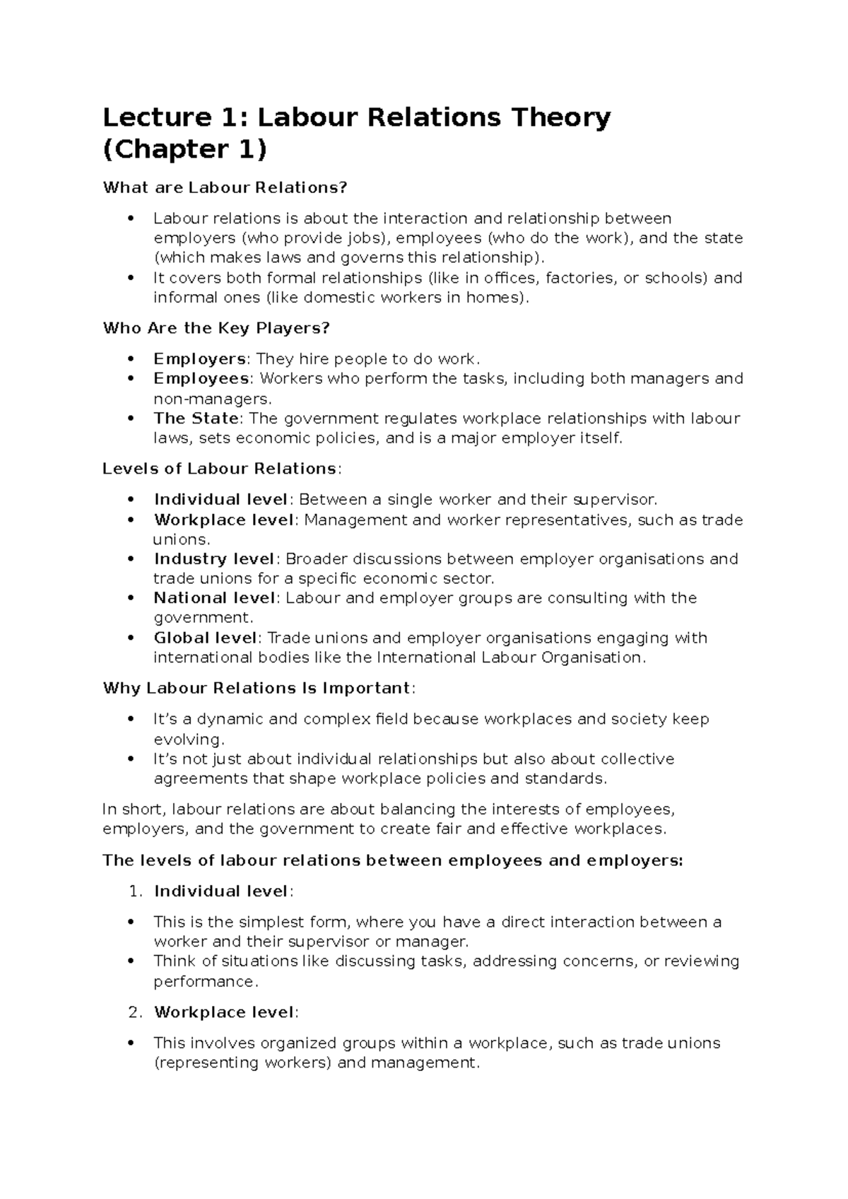 Labour Relations Theory (Chapter 1) Lecture Notes: Key Concepts and ...