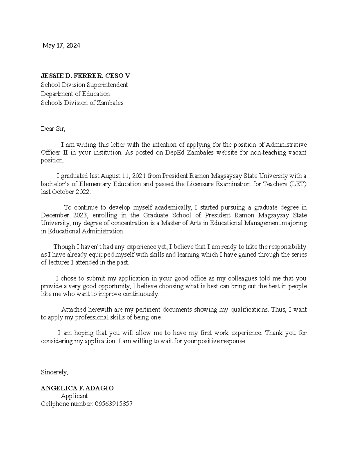 Application Letter for Administrative Officer II Position - Studocu