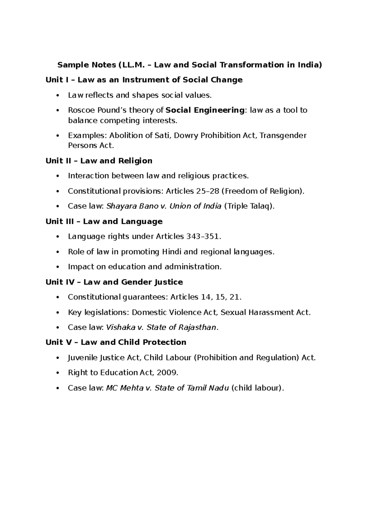 LL.M. Notes: Law & Social Transformation in India (Unit I-V) - Studocu