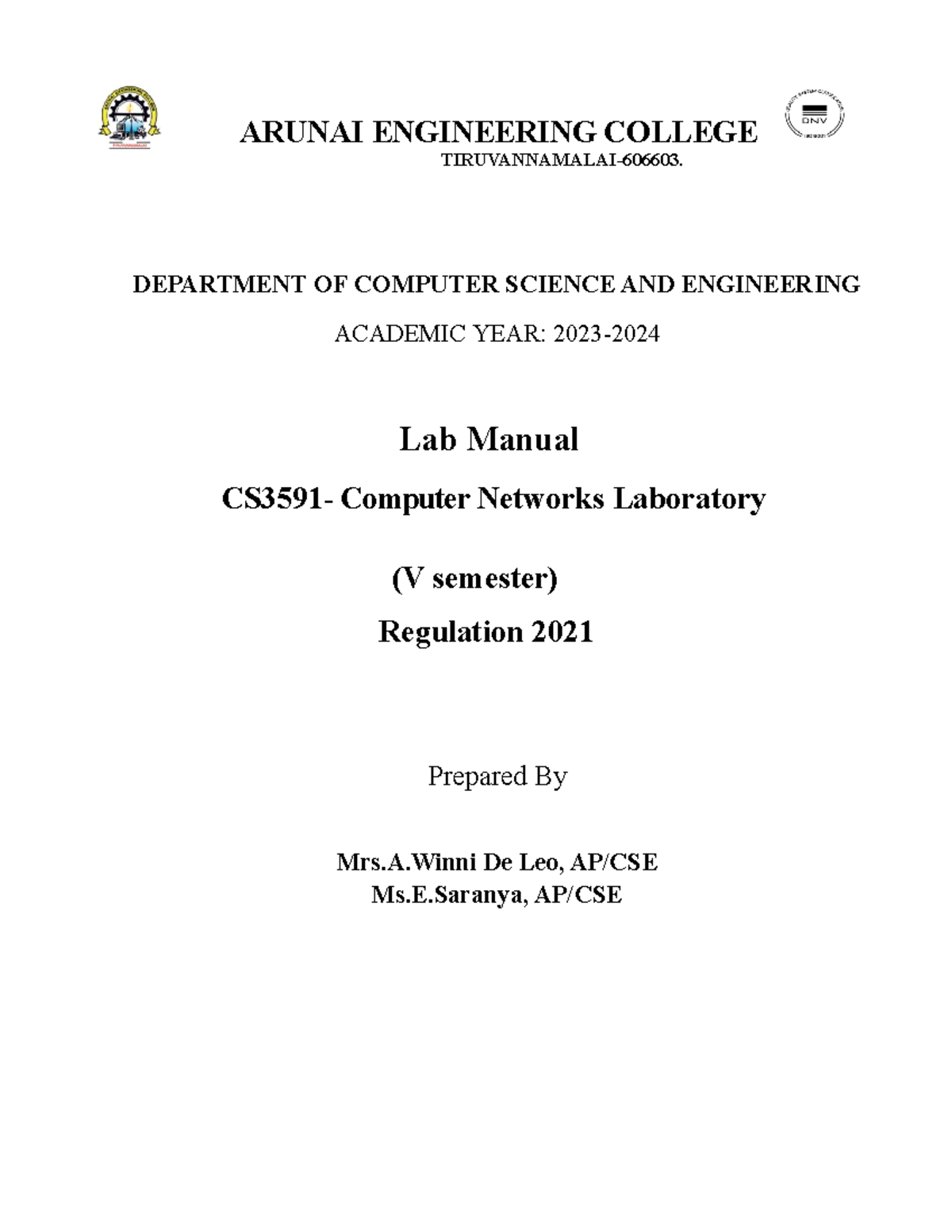CS3591 Networks Laboratory Manual: Experiments & Guidelines - Studocu