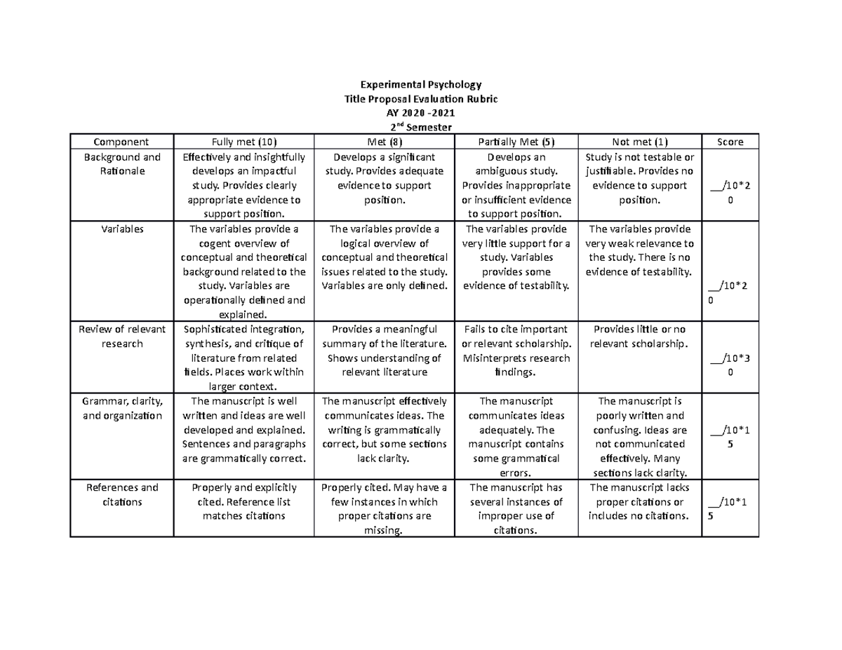 Title Proposal Rubric for Research Proposal - Experimental Psychology ...