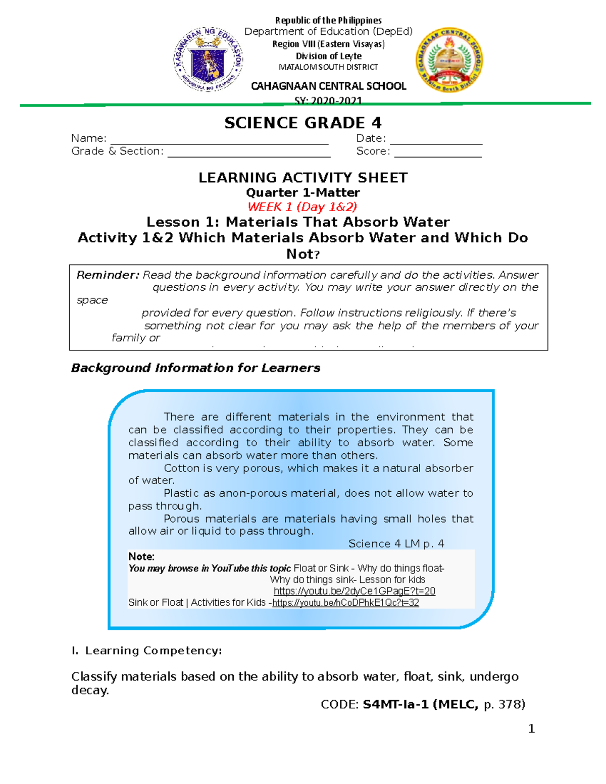 Science 4 Q1-W1 Activity Sheets on Materials: Absorb Water & Float/Sink ...