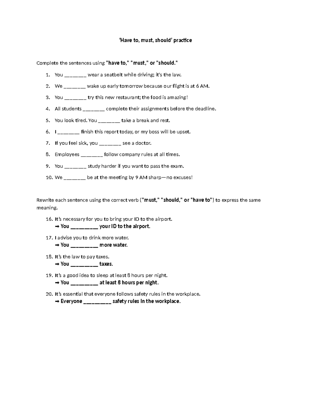 Have to, Must, Should Worksheet for Practice - Studeersnel