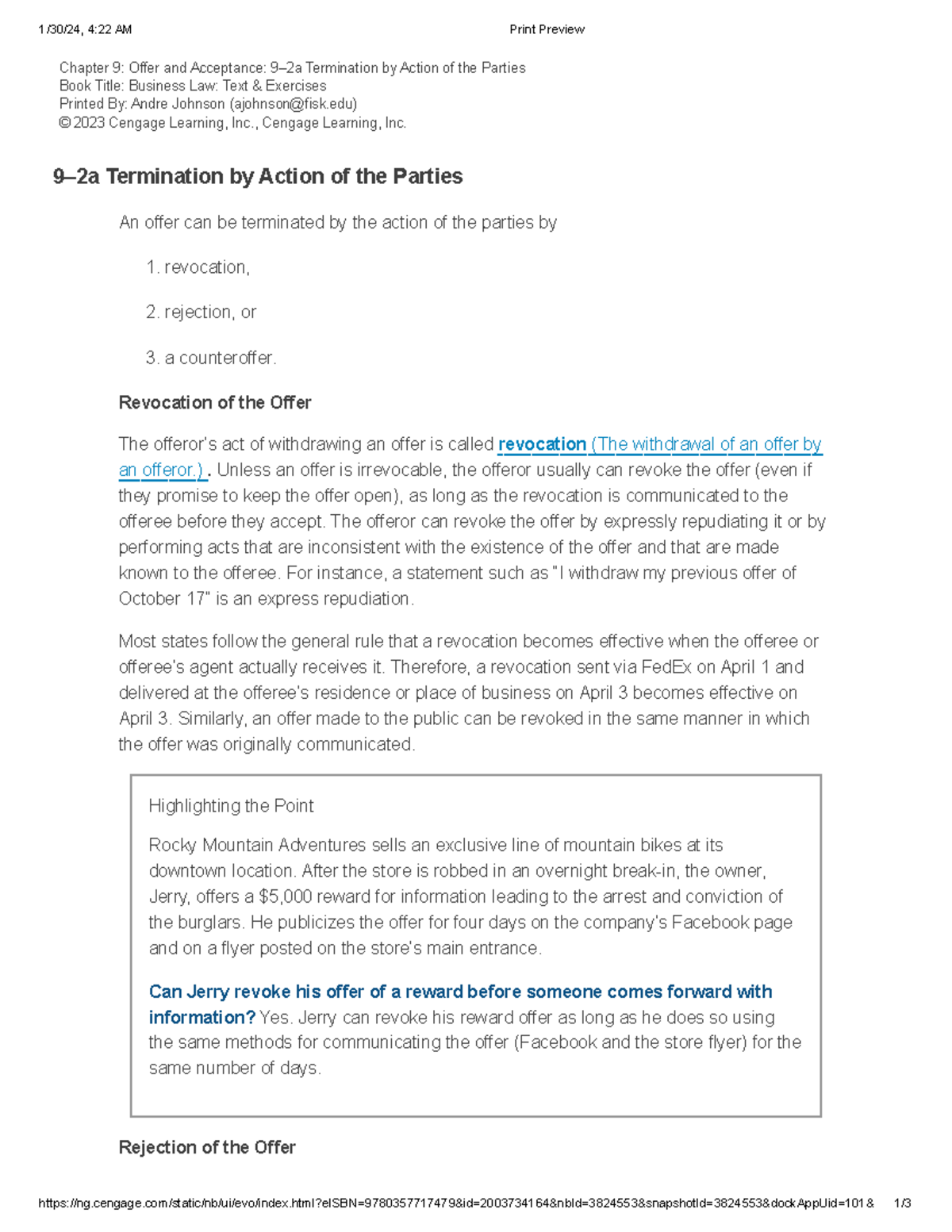 Business Law: Chapter 9 - Offer & Acceptance Termination Actions - Studocu