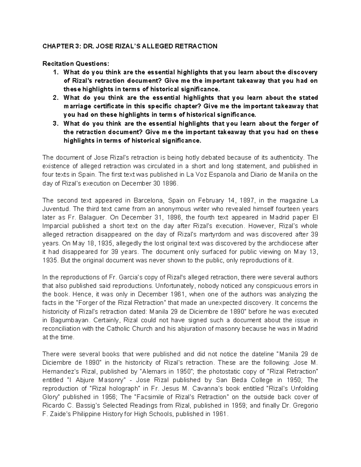 Chapter 3: Analysis of Rizal's Alleged Retraction Document - Studocu