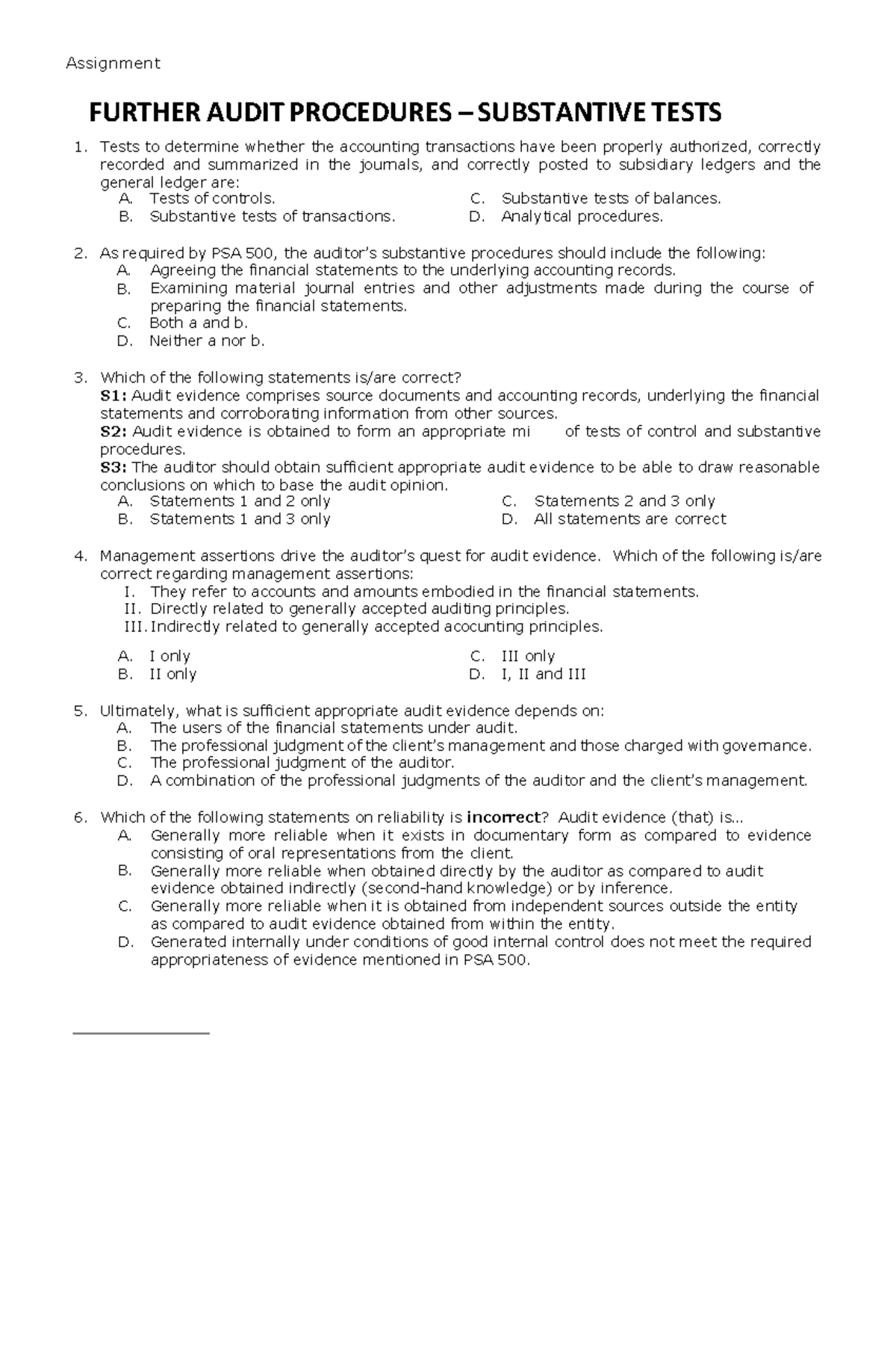 Substantive Tests Assignment: Audit Procedures Overview - Studocu