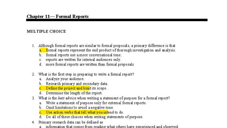 Chapter 10: Formal Reports - Key Concepts and Multiple Choice Questions ...