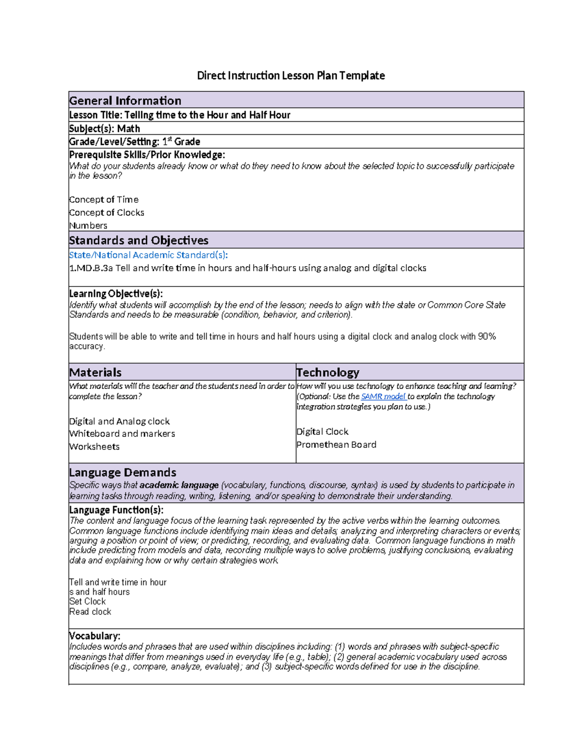 C901 TASK 1 - Direct Instruction Lesson Plan for Telling Time - Studocu