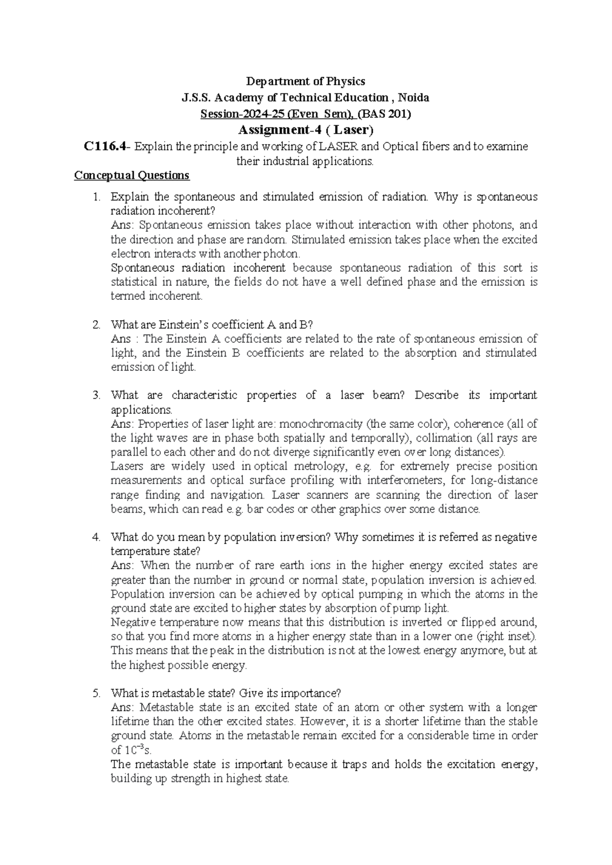 Laser Assignment Solved (BAS 201) - Principles & Applications - Studocu