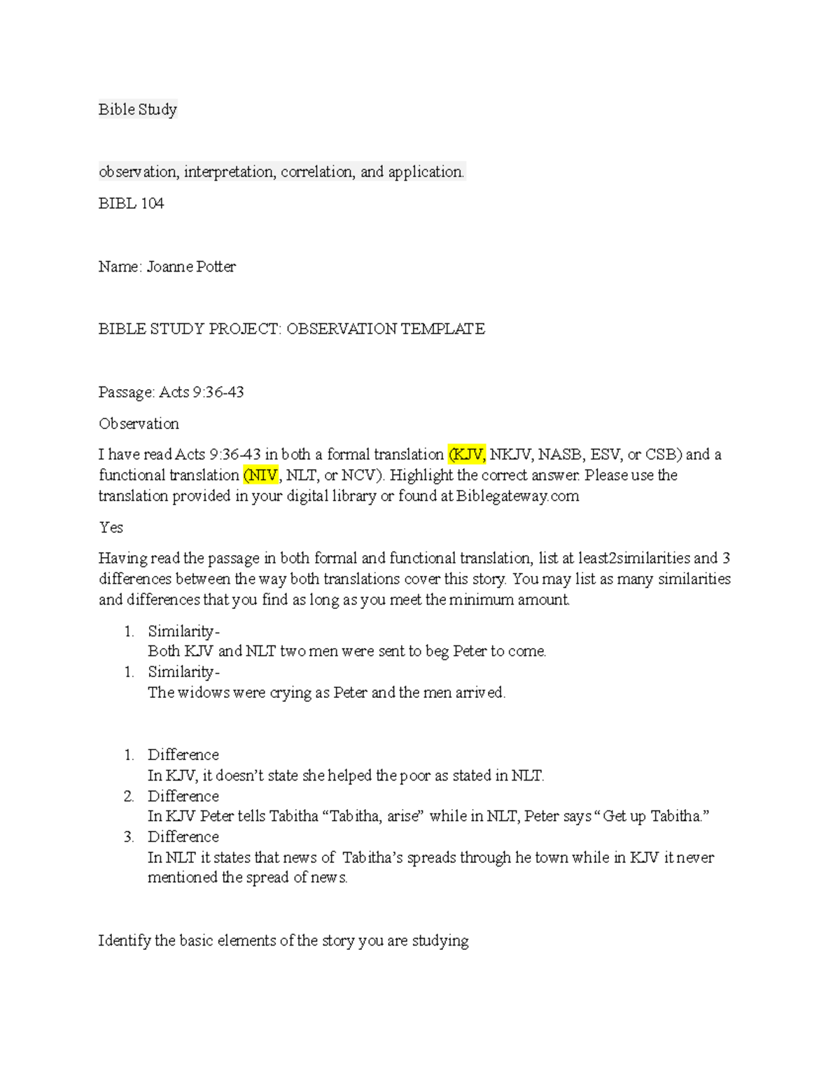 BIBL 104 - Bible Study Assignment: Analysis of Acts 9:36-43 - Studocu