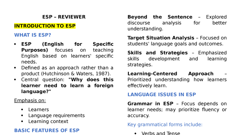ESP Midterm Reviewer: Introduction to English for Specific Purposes ...