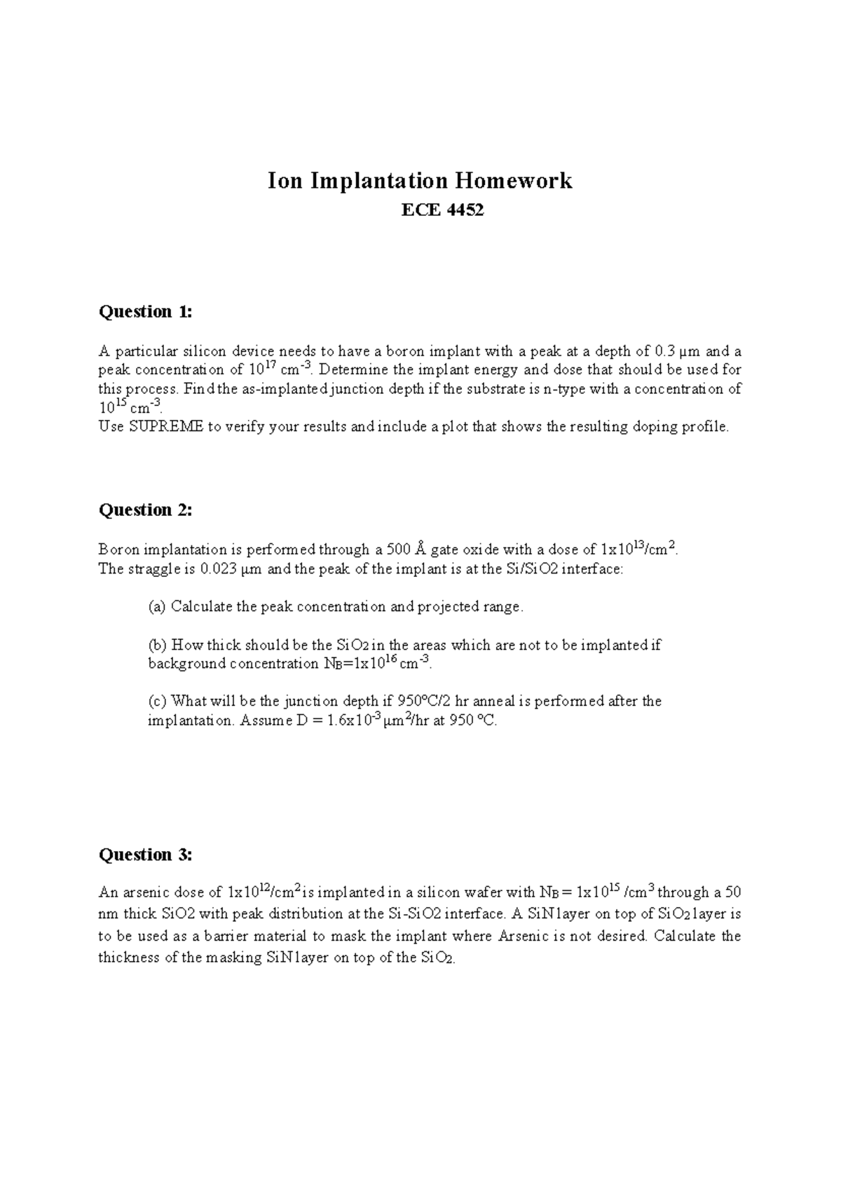 ECE 4452 Ion Implantation Homework Assignment 2025 - Studocu