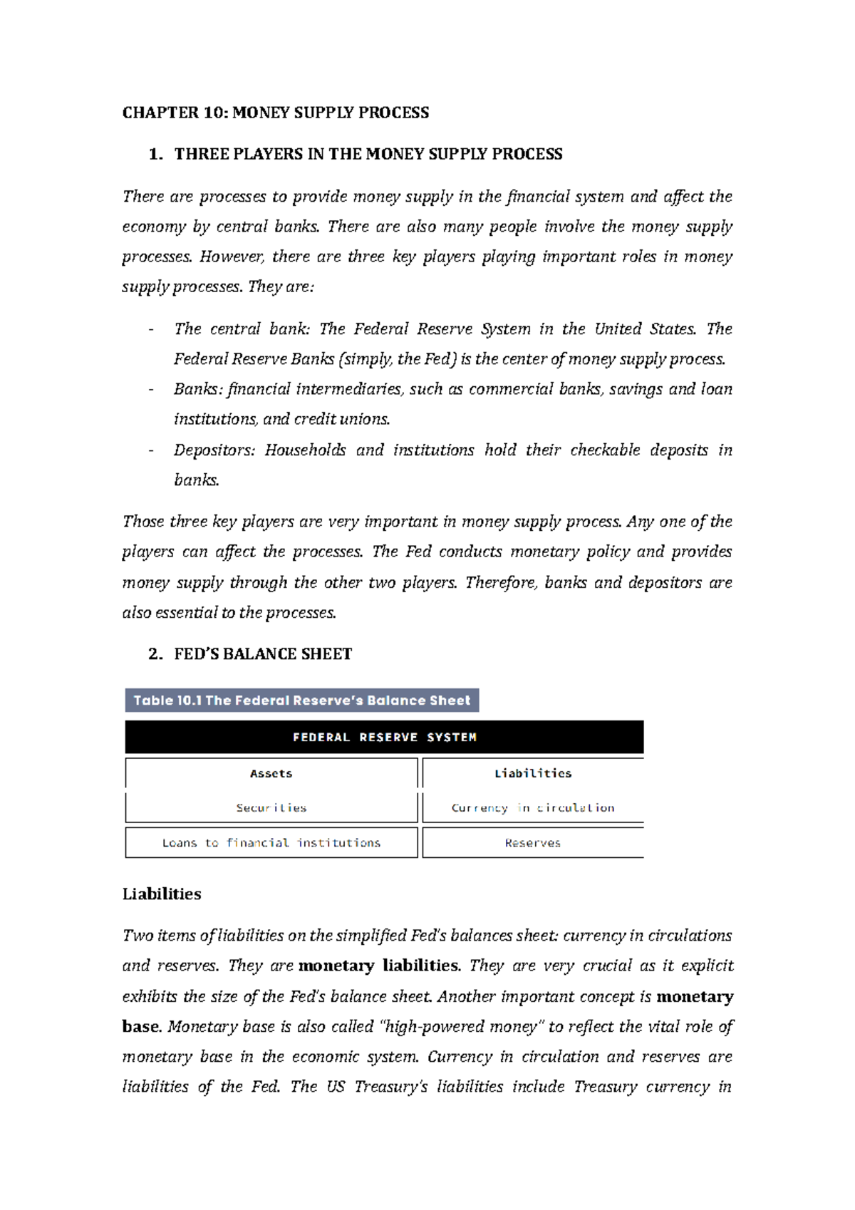 Chapter 10: Understanding the Money Supply Process and Its Players ...