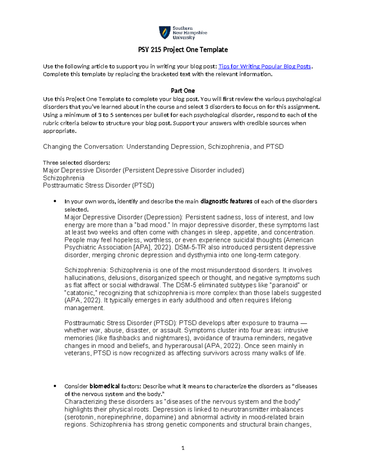 PSY 215 Project One: Understanding Depression, Schizophrenia, and PTSD ...