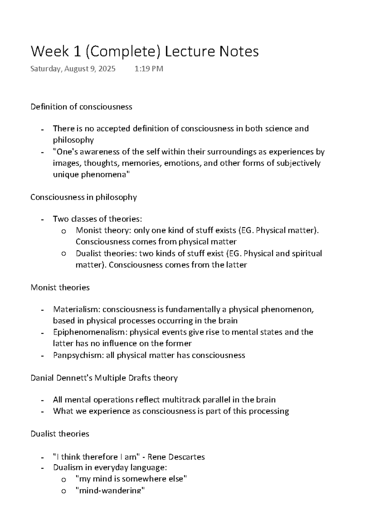PSY3NBC Week 1 Complete Lecture Notes on Consciousness - Studocu