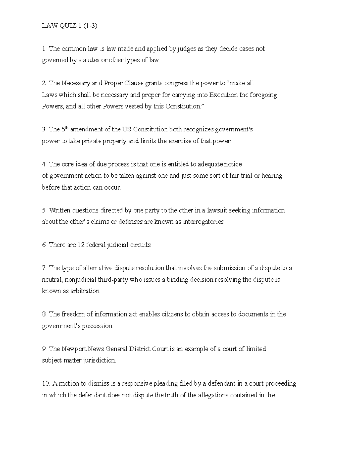 BUSN LAW Quiz 1 - Summary of Key Legal Principles and Cases - Studocu