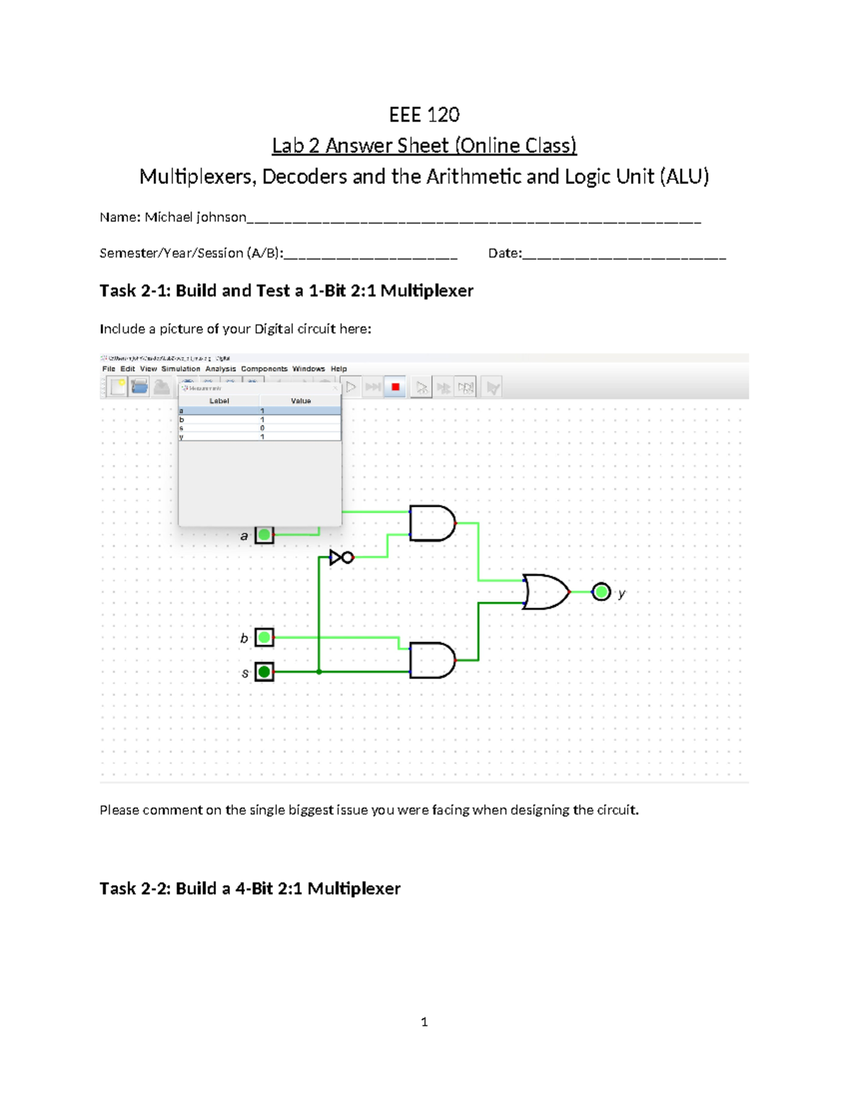 EEE 120 Lab 2 Report: Multiplexers, Decoders & ALU Design - Studocu