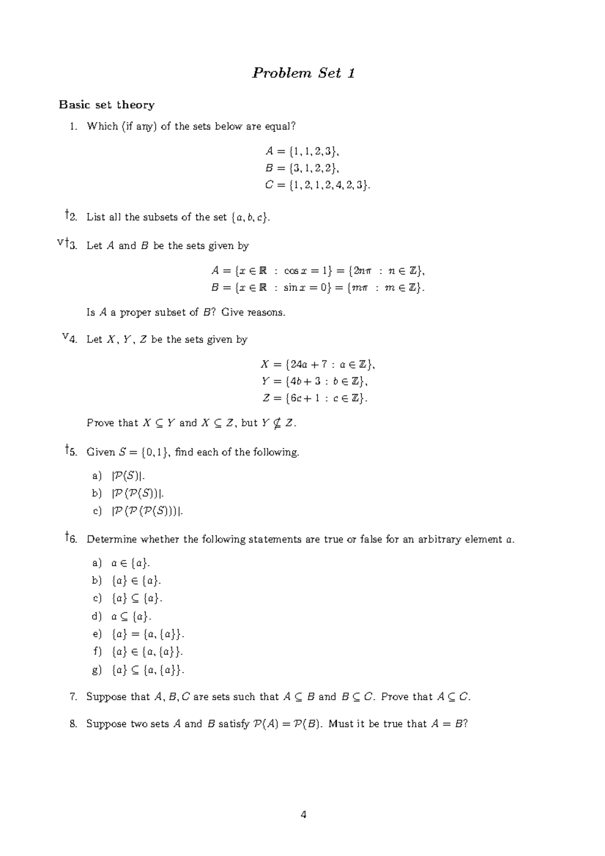 MATH1081 tutorial problem set 1 - Problem Set 1 Basic set theory Which ...