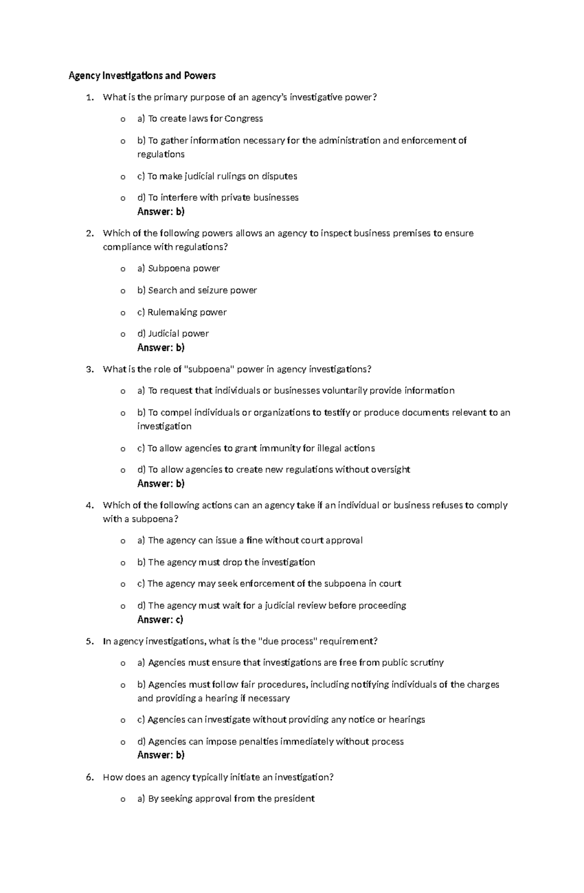 Agency Investigations and Powers - What is the primary purpose of an ...