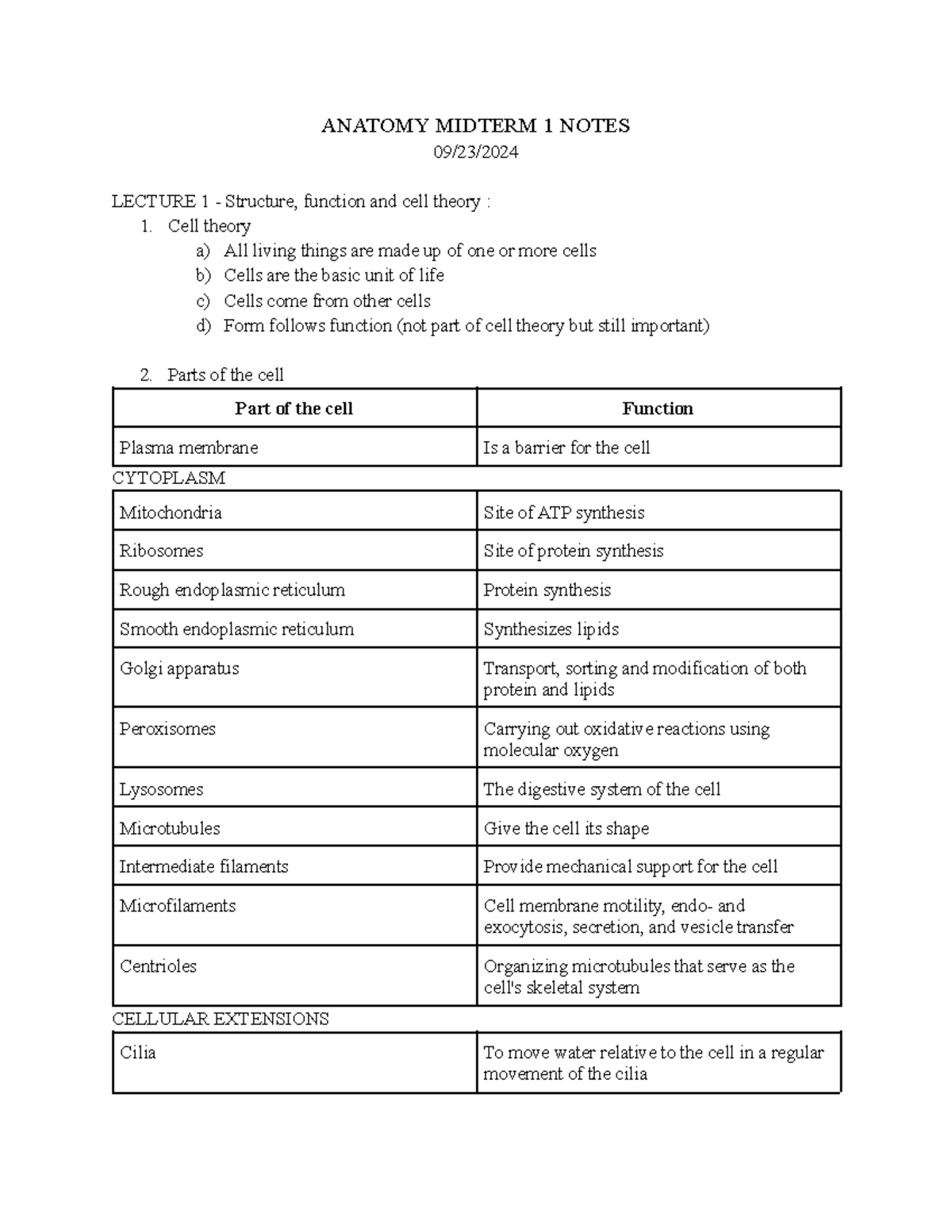 ANATOMY 101 MIDTERM 1 LECTURE NOTES: CELL STRUCTURE & TISSUES - Studocu