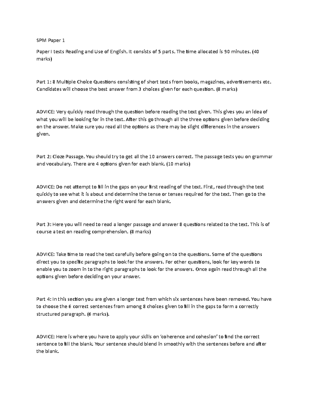 Spm english paper 1tips - SPM Paper 1 Paper I tests Reading and Use of ...