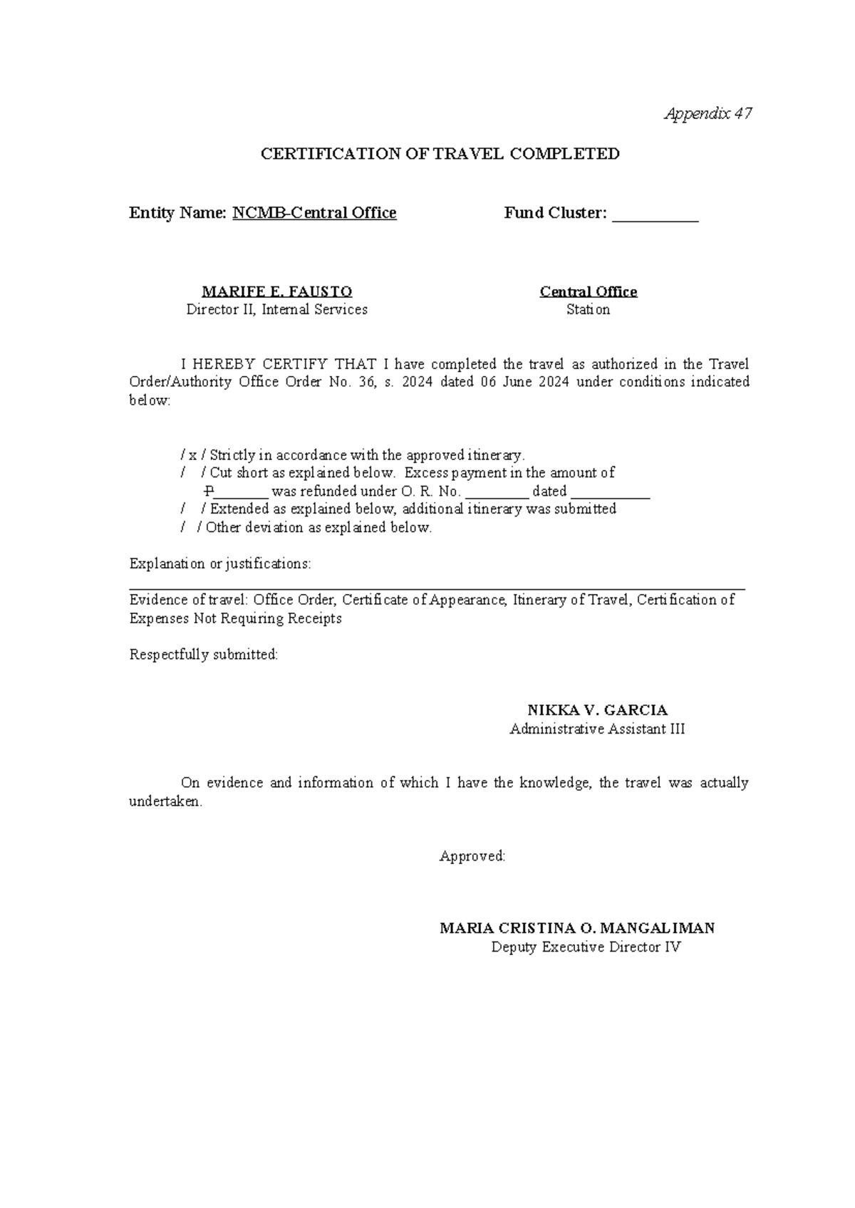 Appendix 47 - Travel Certification Completed and Evidence Submission ...