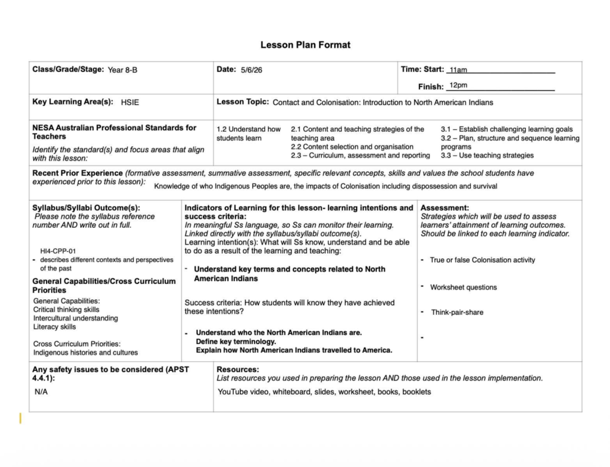 Lesson Plan: Contact & Colonisation of North American Indians (HSIE ...