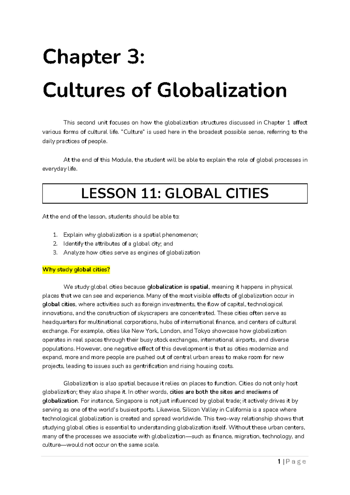 Lesson 11: Global Cities and the Impact of Globalization - Studocu