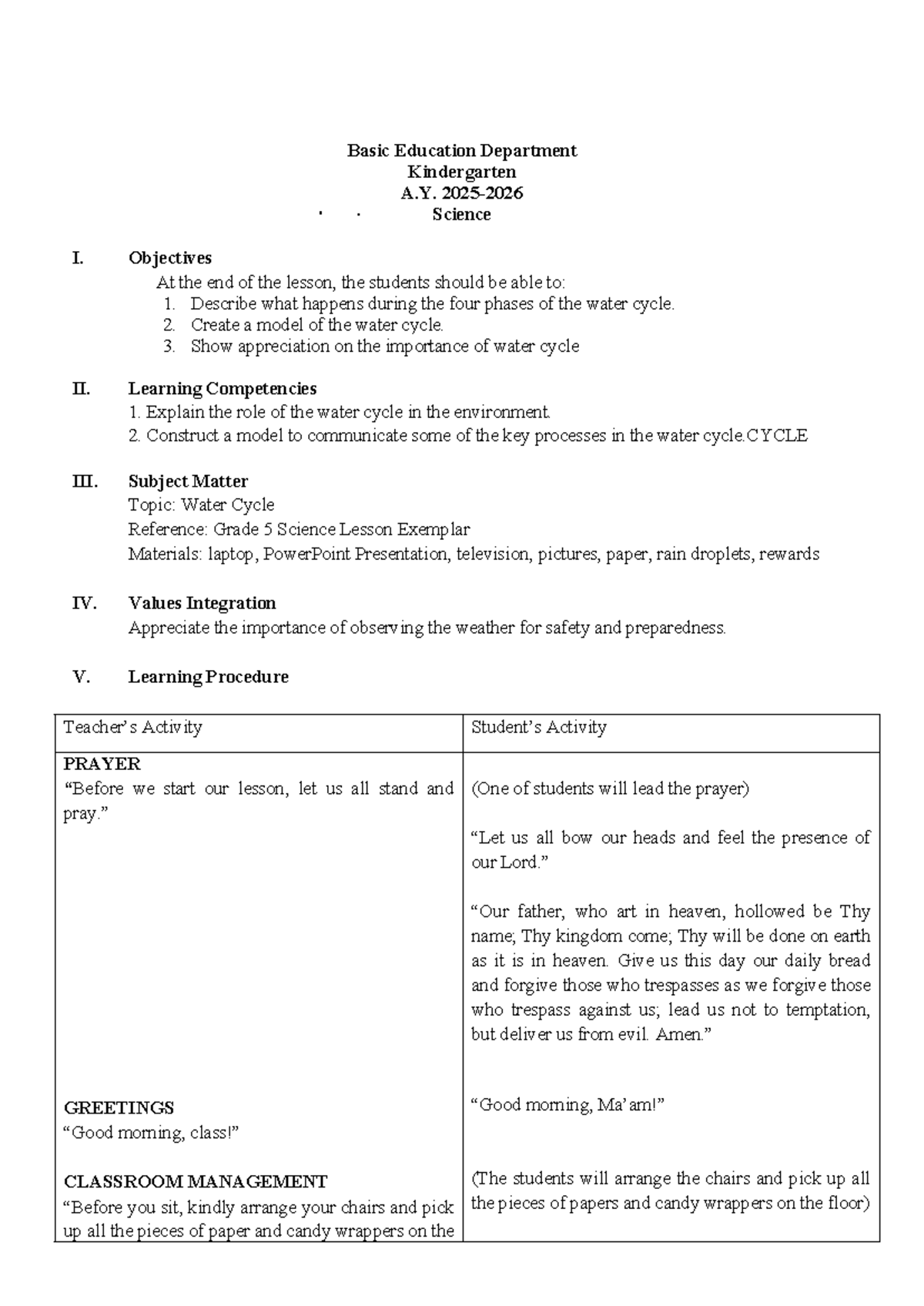 Michelle - Water Cycle Lesson Plan for Kindergarten A.Y. - Studocu