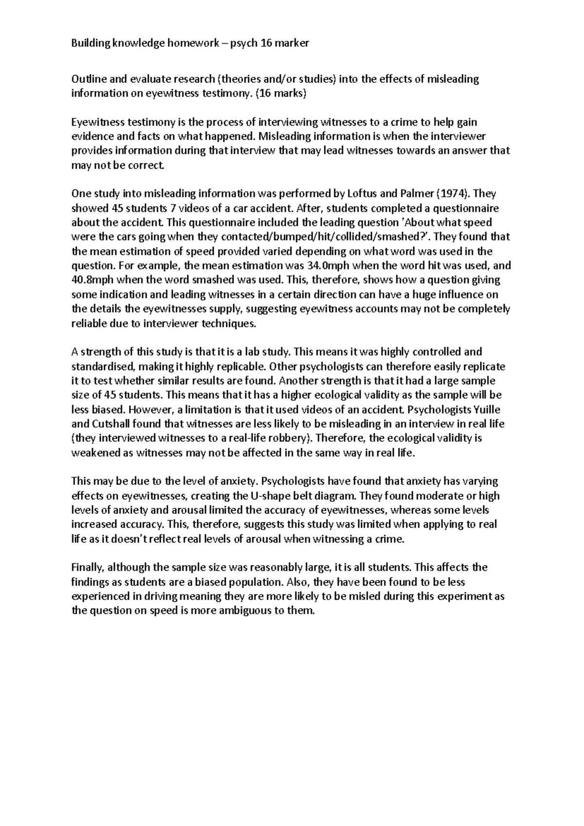 Misleading Info on Eyewitness Testimony - Research Review (Psych 16 ...