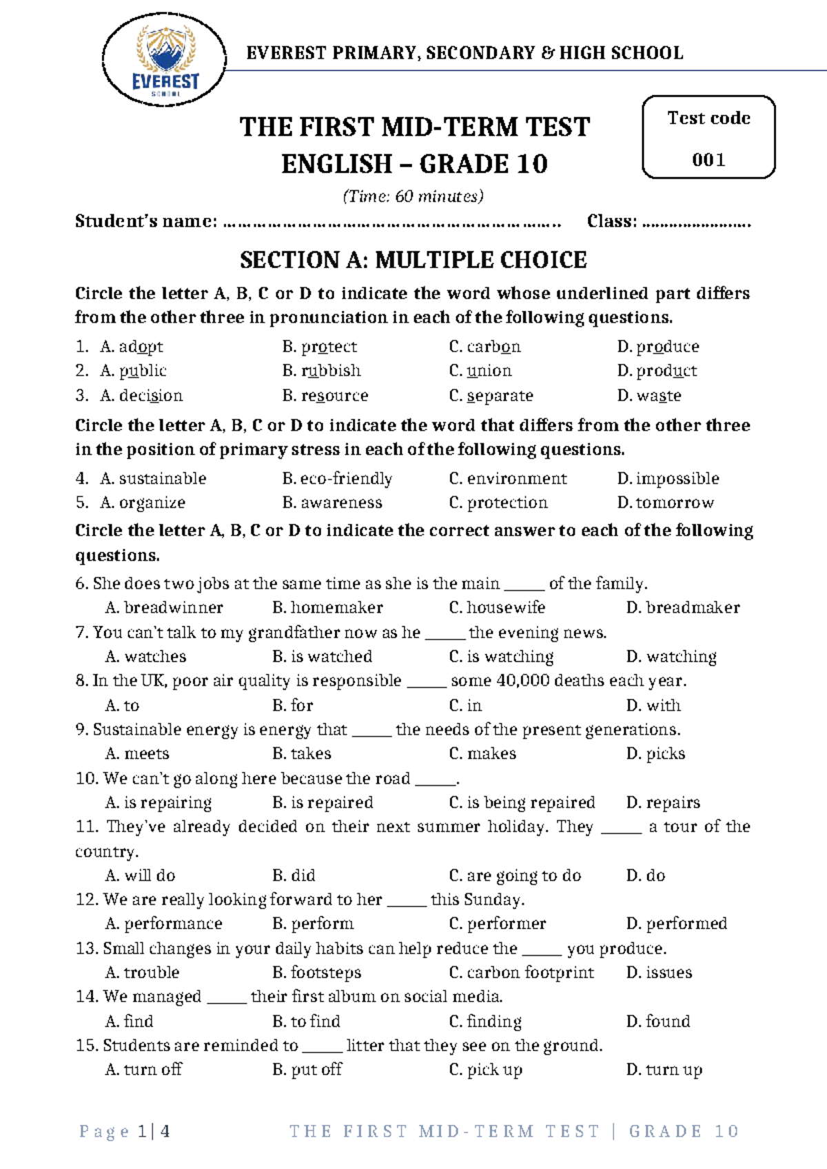Grade 10 English Test - Everest Primary & Secondary School (Test Code ...
