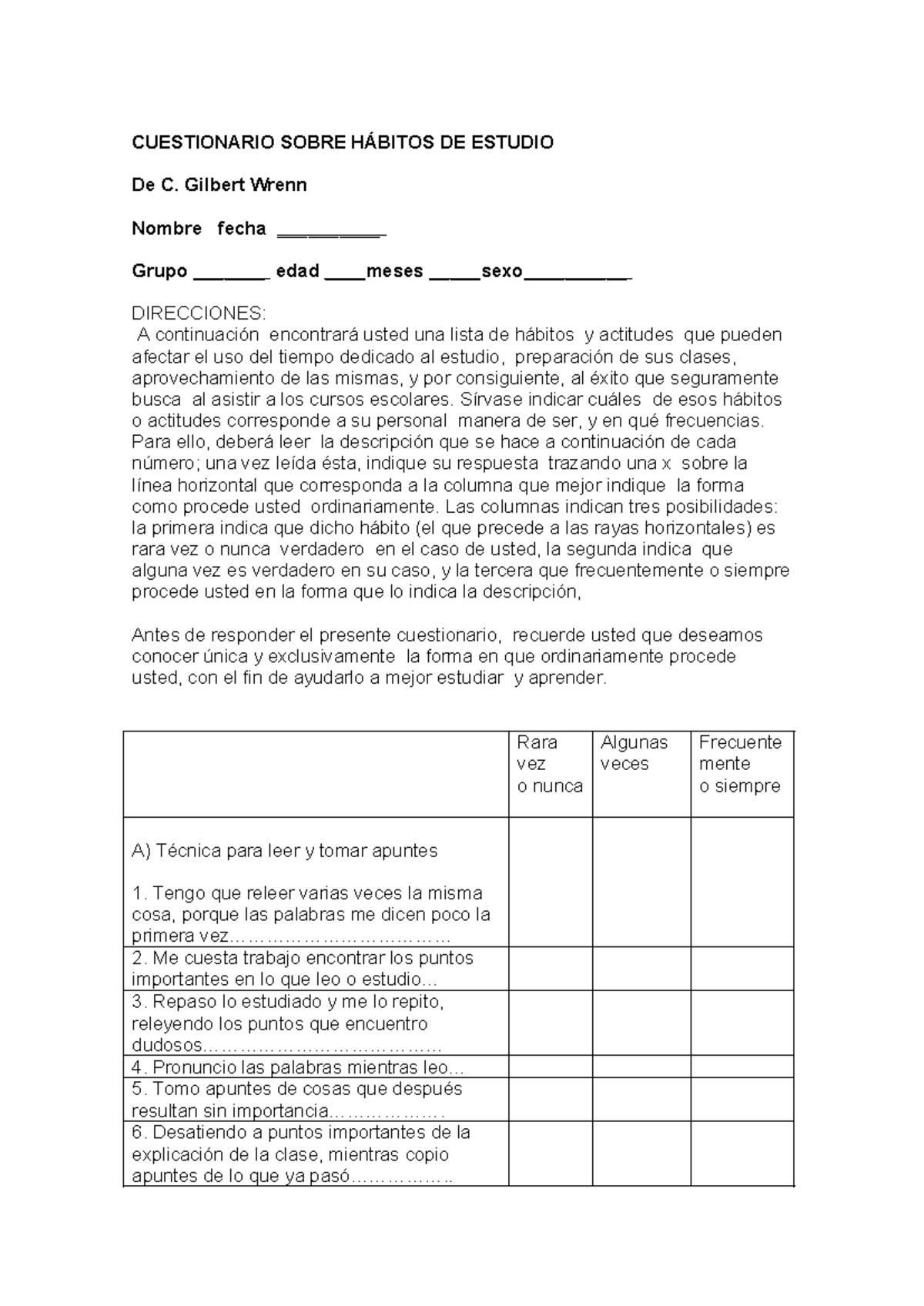 Cuestionario sobre Hábitos de Estudio - C. Gilbert Wrenn - Studocu