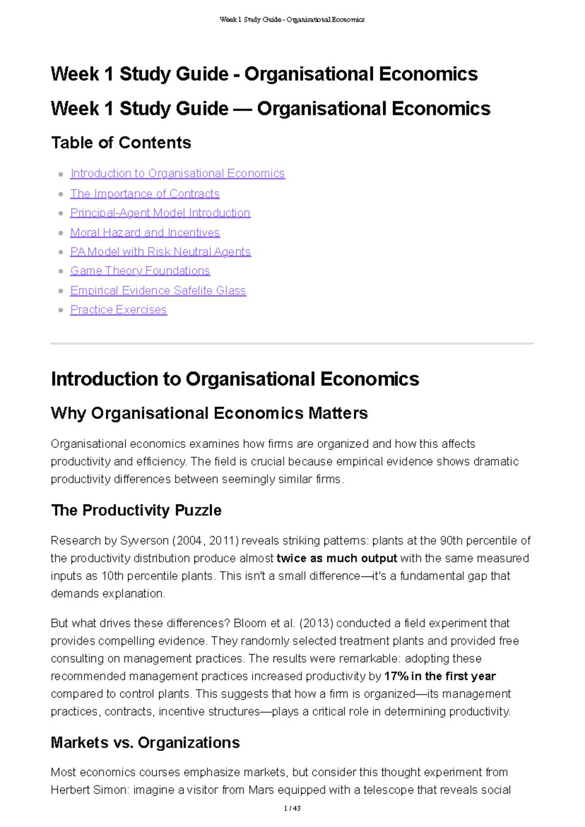 Week 1 Study Guide: Organisational Economics Overview and Key Concepts ...