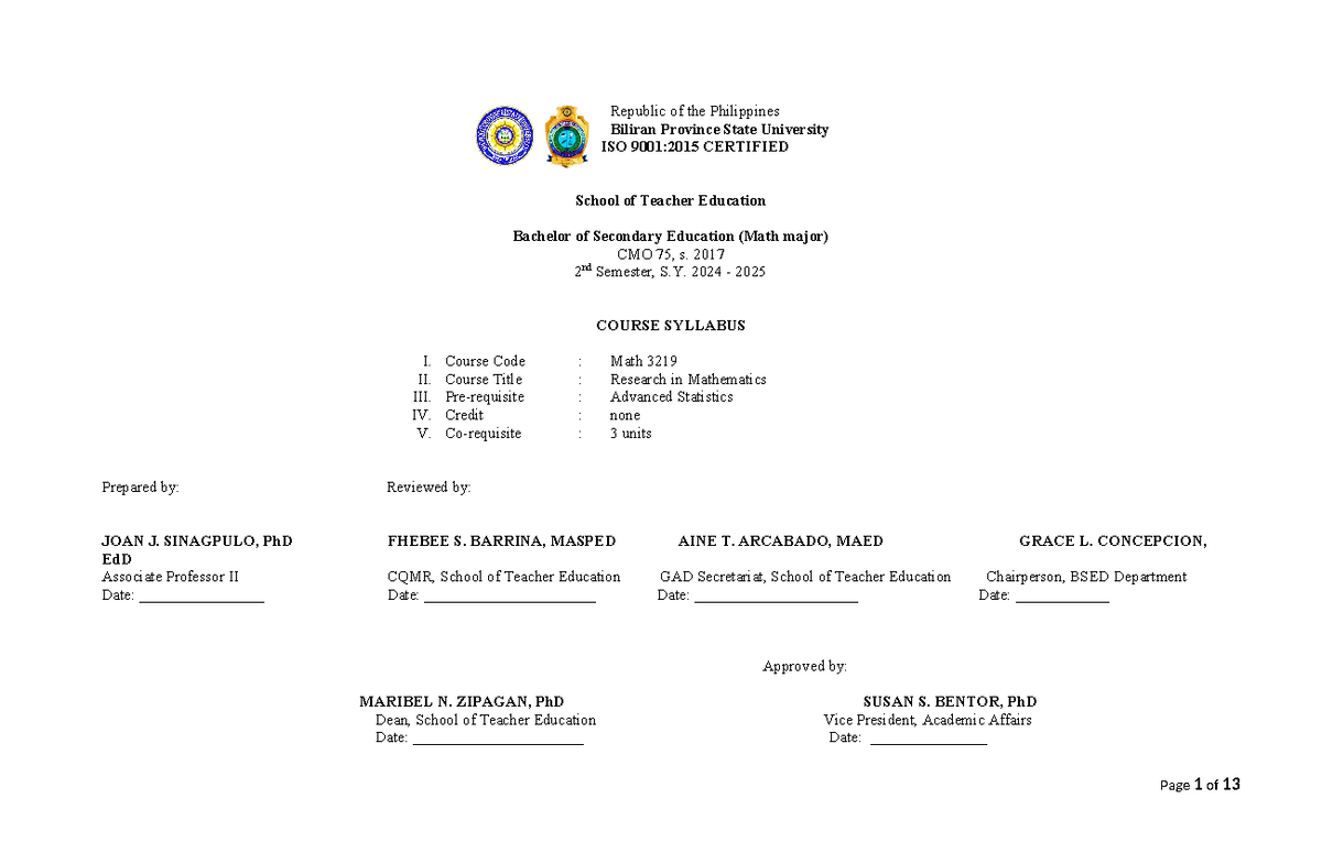 BSED Math 3219: Research in Mathematics Course Syllabus (S.Y. 2024-2025) - Studocu