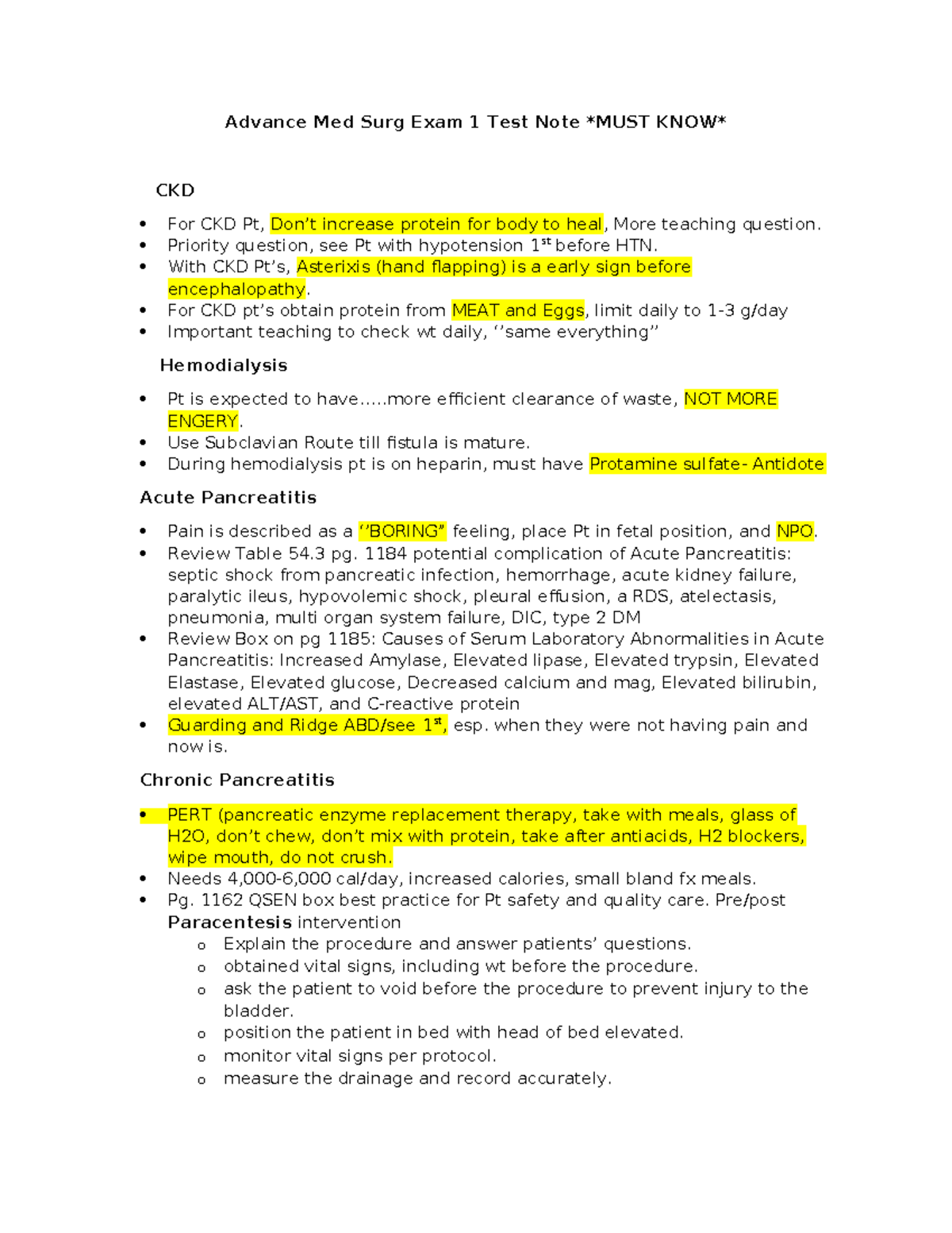 Advance Med Surg Exam 1 Study Notes: CKD, Hemodialysis, Pancreatitis ...