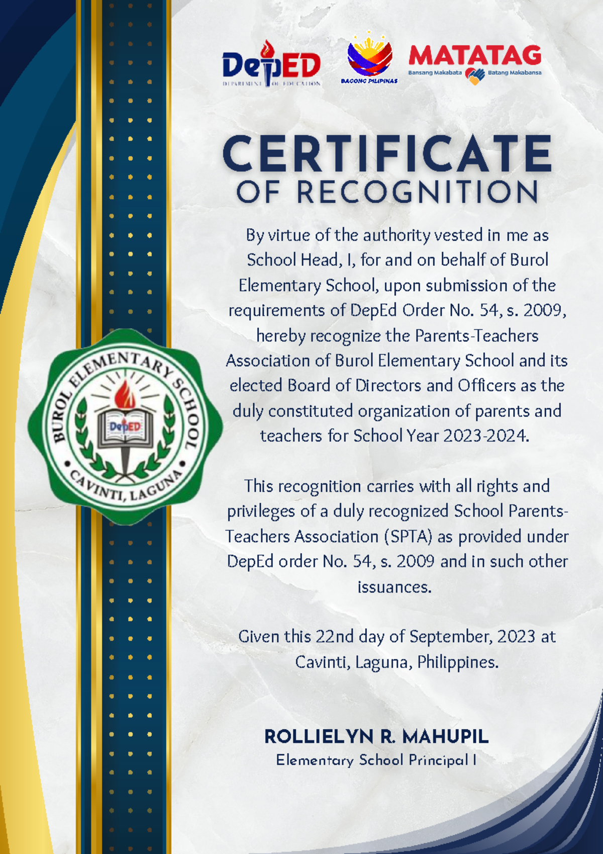 SPTA Certificate for Burol Elementary School, SY 2023-2024 - Studocu