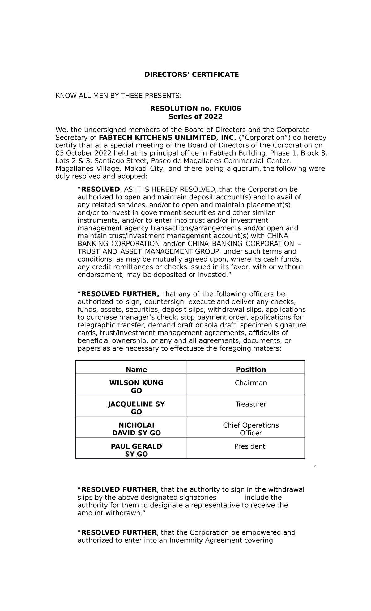 Board Resolution for China Bank Transactions - FKUI 2022 - Studocu