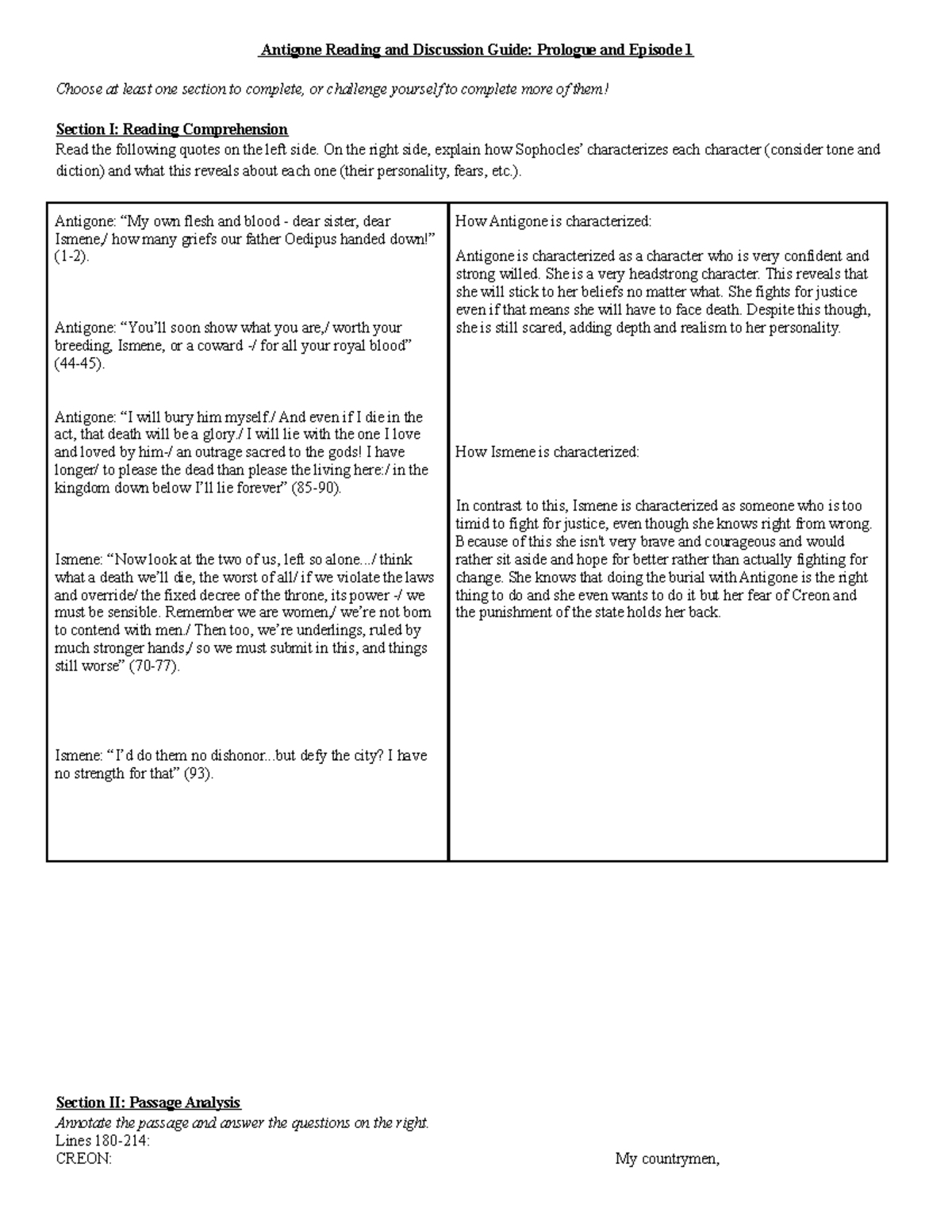 Copy of Antigone Reading and Discussion Guide Prologue and Episode 1 ...