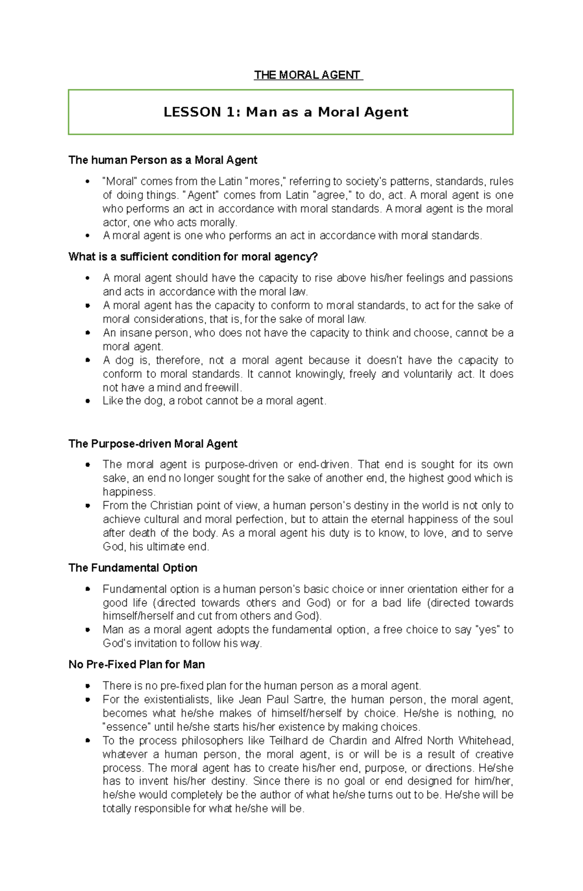Ethics Modules: Understanding the Moral Agent in Human Actions - Studocu