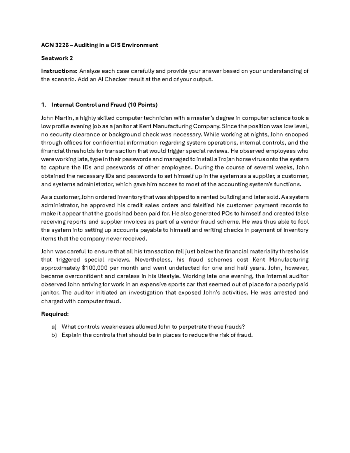 ACN 3226 Auditing in a CIS Environment Seatwork 2: Fraud Analysis and ...